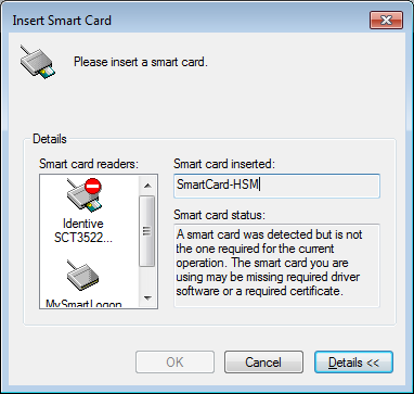 A smart card was detect but is not the one required for the current ...